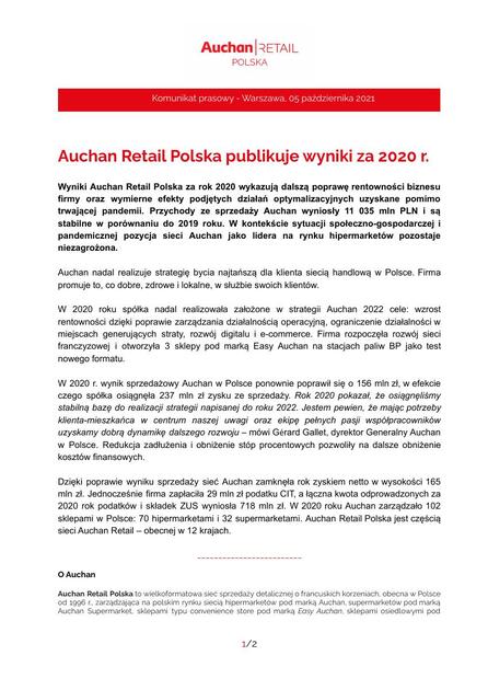 Wyniki Auchan Retail Polska za 2020 | Załącznik | Biuro prasowe Auchan Retail Polska